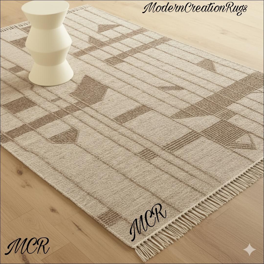 Hand Woven Neutral Wool Rug | Modern Geometric Area Carpet for Living ...
