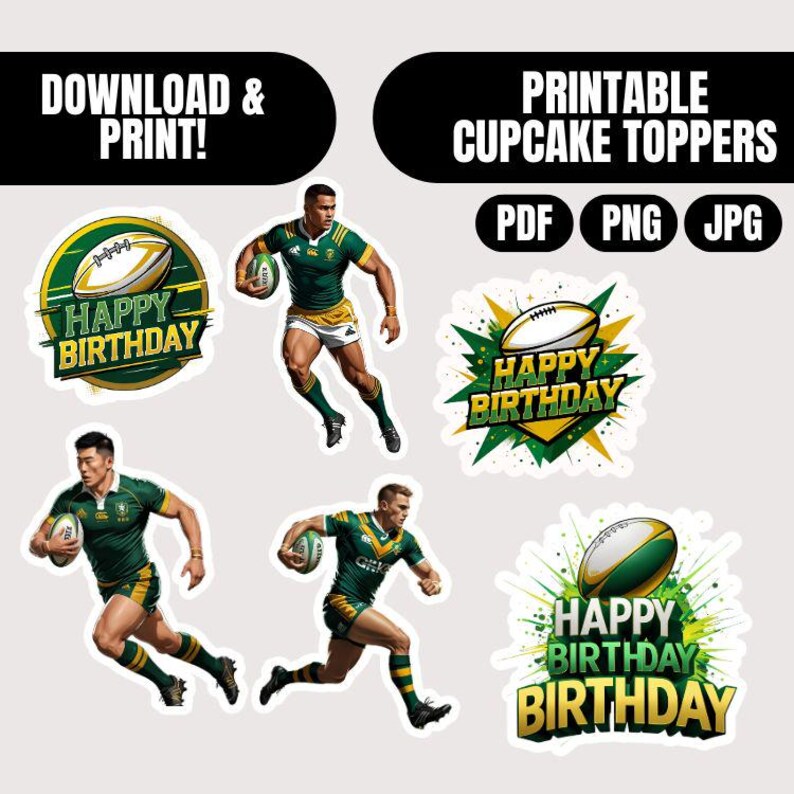 Springbok Rugby Cupcake Toppers Printable, Green & Gold Birthday Party ...