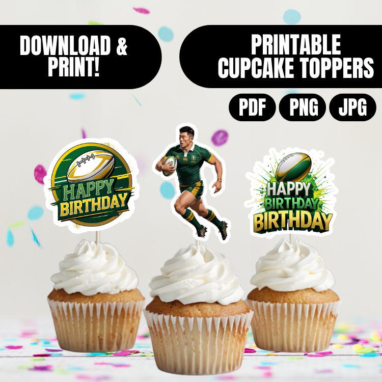 Springbok Rugby Cupcake Toppers Printable, Green & Gold Birthday Party ...