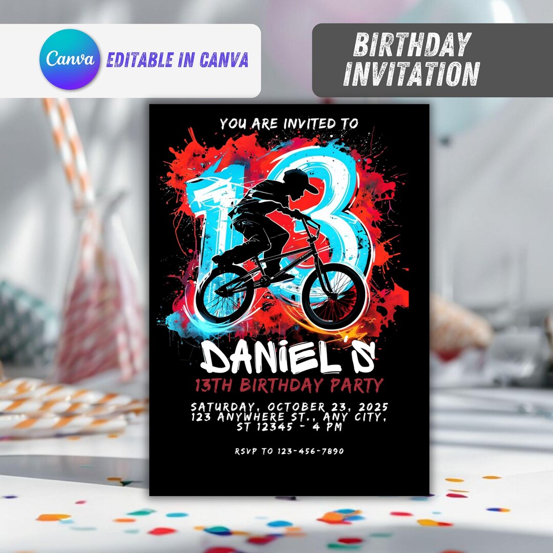 BMX Bike 13th Birthday Invitation: Extreme Sports Party (canva Template ...