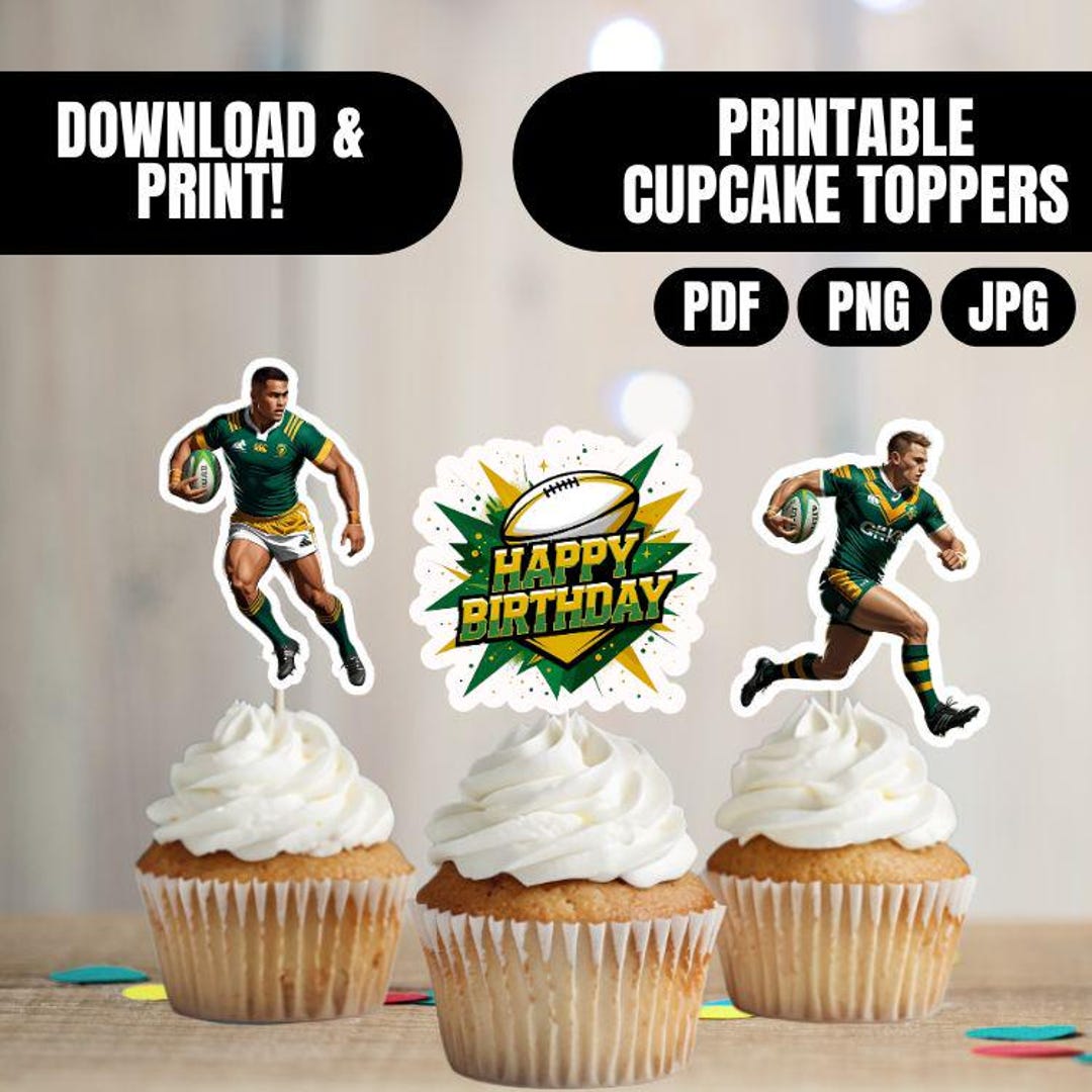 Springbok Rugby Cupcake Toppers Printable, Green & Gold Birthday Party ...