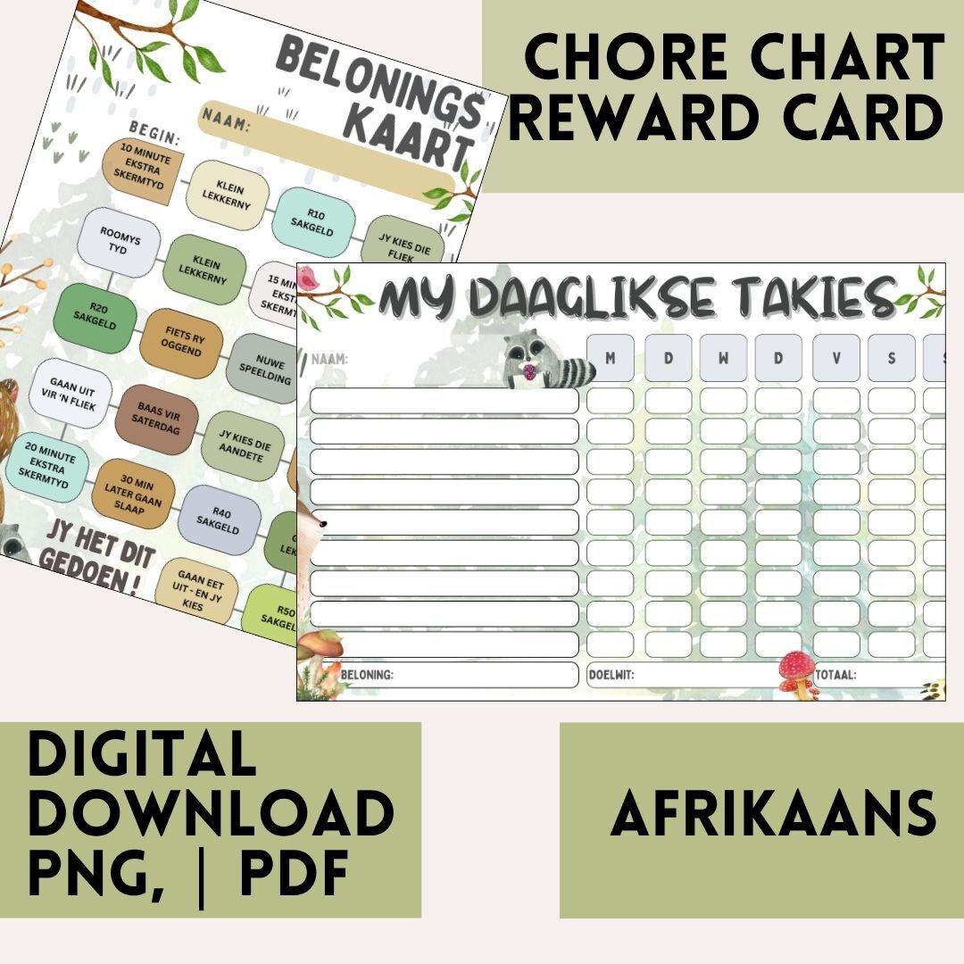 Printable Afrikaans Chore Chart for Kids, Forest Bear Theme, Reward ...