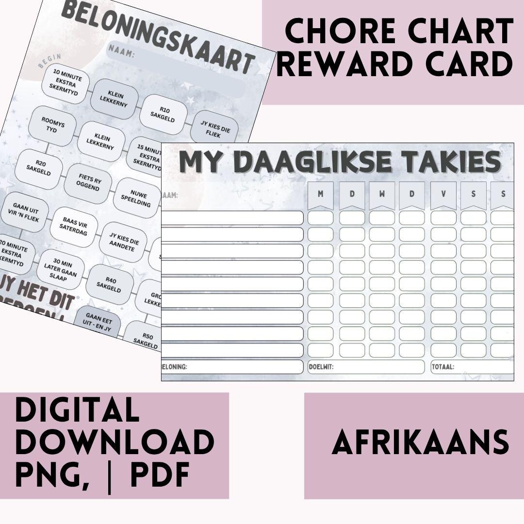 Afrikaans Chore and Reward Chart Printable | Silver Star Theme | Kids ...