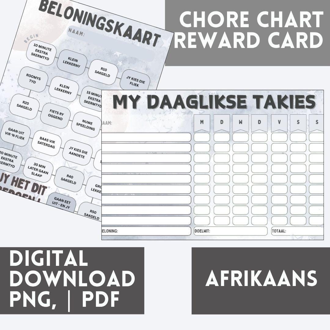 Printable Afrikaans Chore Chart for Kids | Silver Star Reward Tracker ...