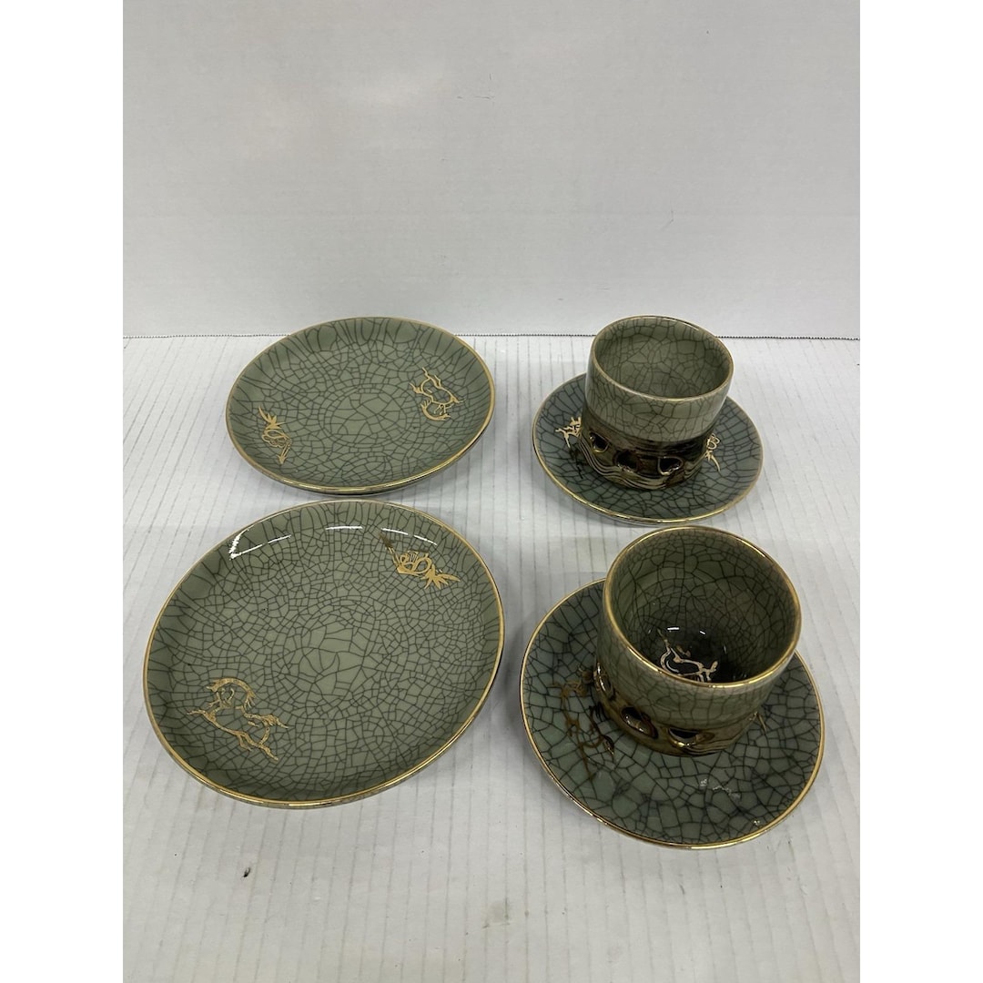 Vintage Somayaki Soma Ware Calderon Crackle Tea Set 6pc Gold Gilt Horse ...