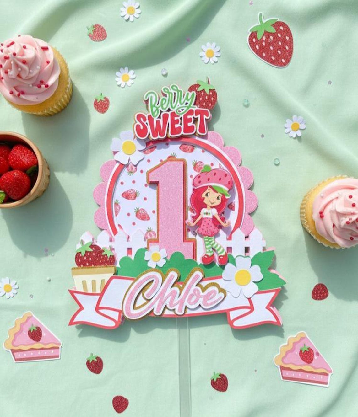 Personalized Strawberry Theme Cake Topper: Pink & Red Glitter - Etsy