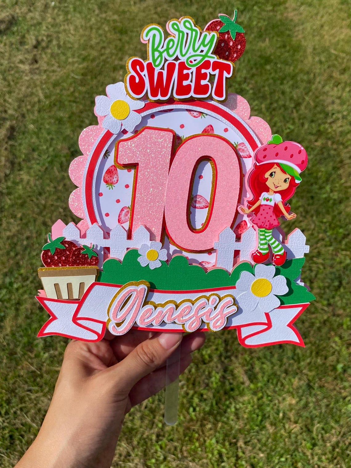 Personalized Strawberry Theme Cake Topper: Pink & Red Glitter - Etsy