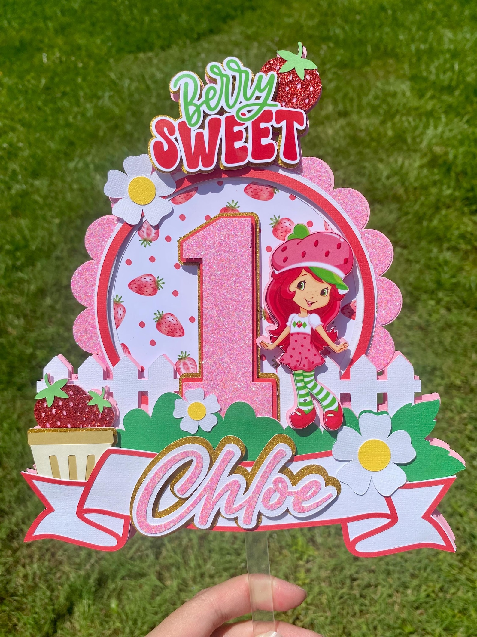 Personalized Strawberry Shortcake Cake Topper: Pink & Red Glitter - Etsy