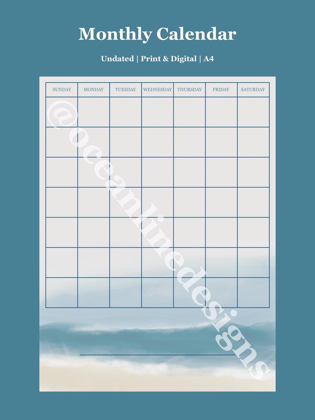 Beach Watercolor Monthly Calendar | Undated (PDF) - Etsy