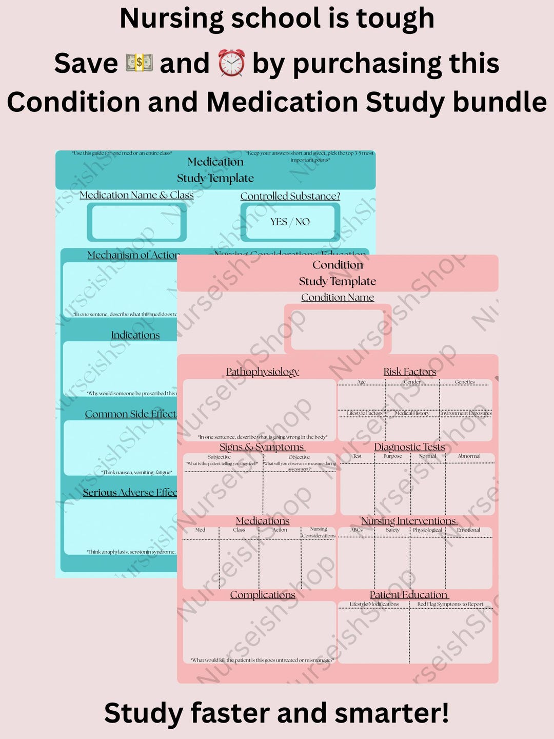 Nursing Study Template Bundle | Medications + Conditions | Color & B/W ...