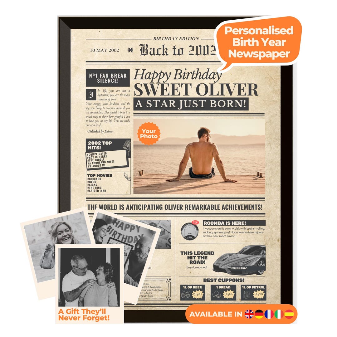 Birthday Newspaper Poster 2002 - Personalised Front Page With Photo ...