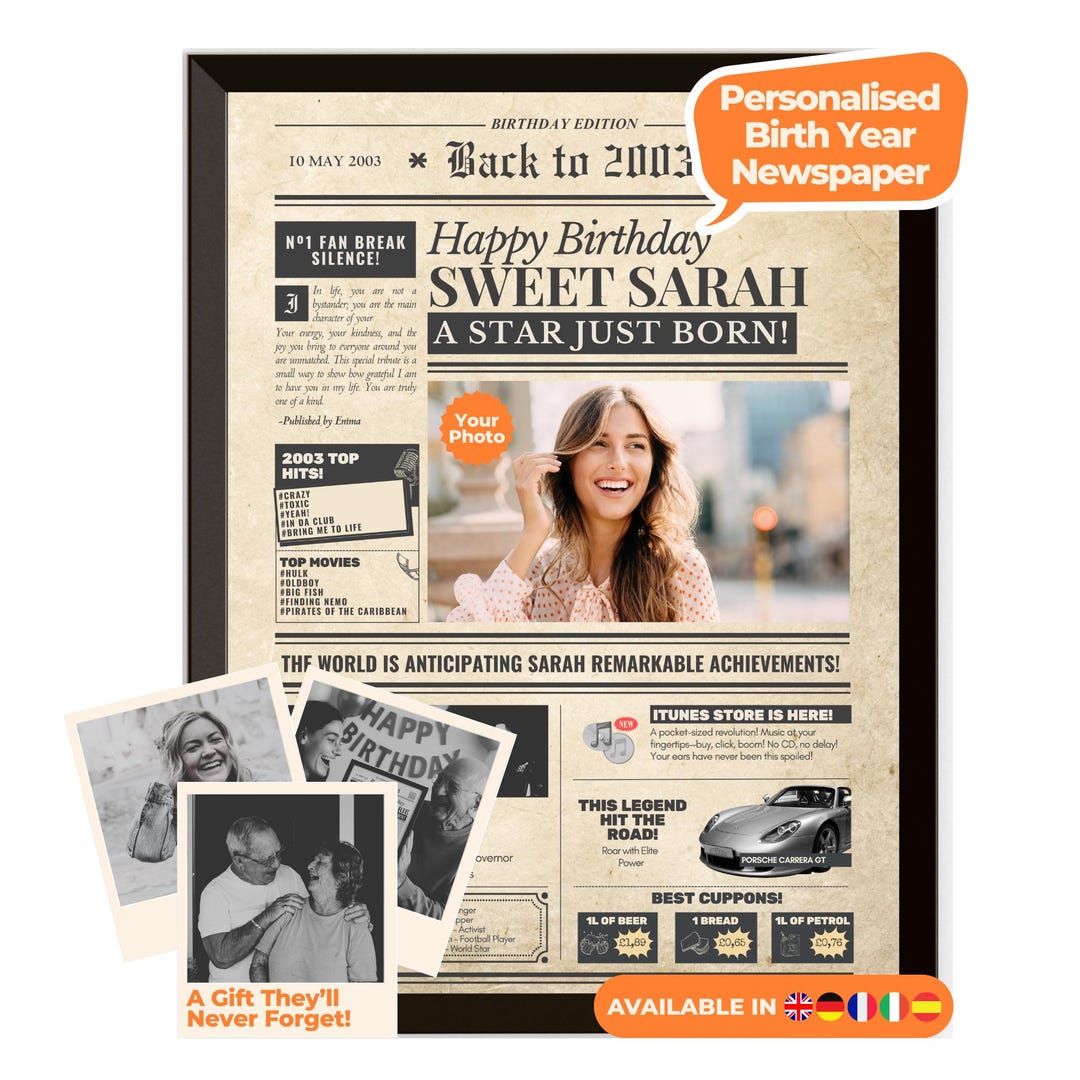 Birthday Newspaper Poster 2003 - Personalised Front Page With Photo ...
