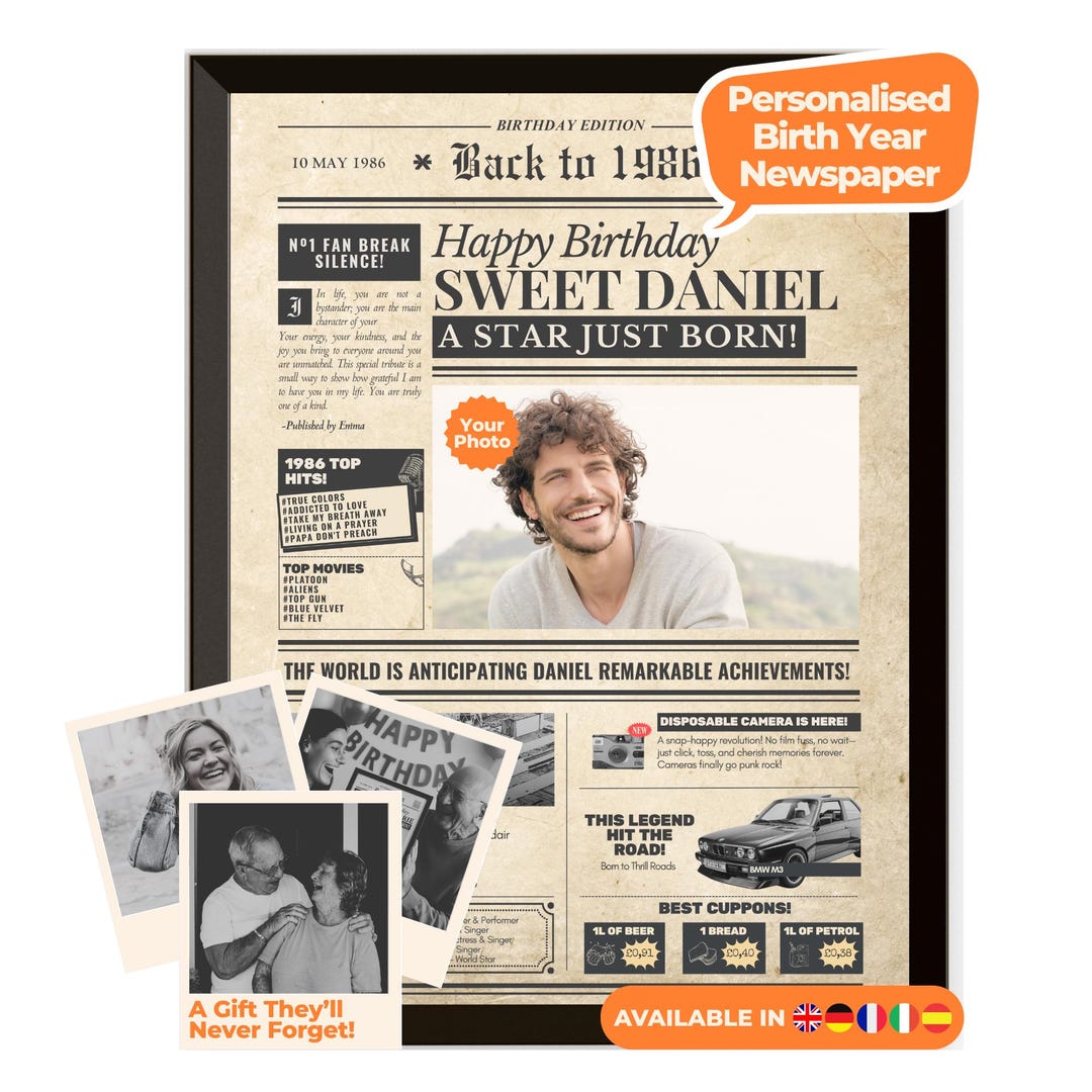 Birthday Newspaper Poster 1986 - Personalised Front Page With Photo ...