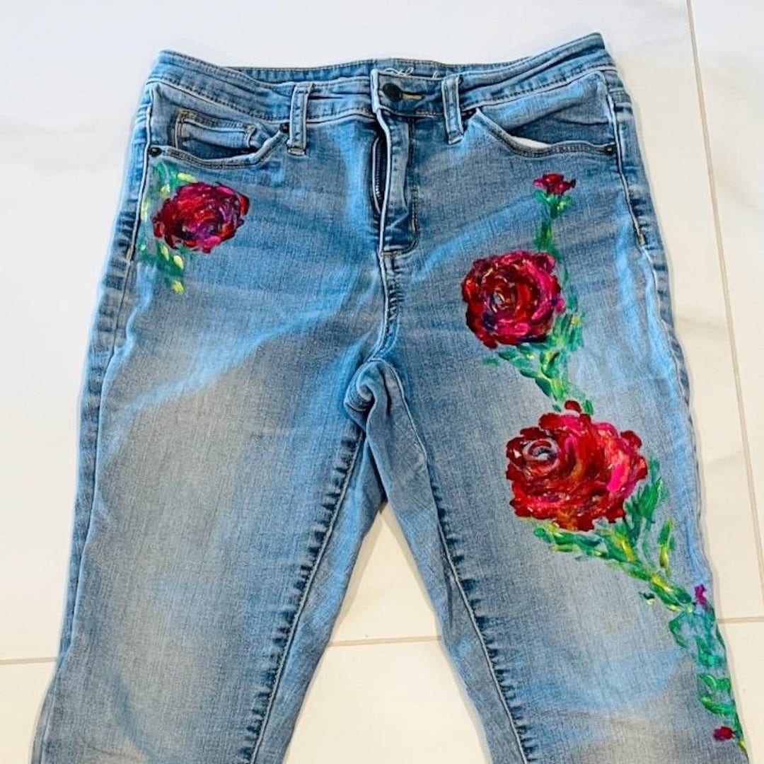 Upcycled Hand-painted Rose Jeans – Red Roses Denim Jeans – One-of-a ...
