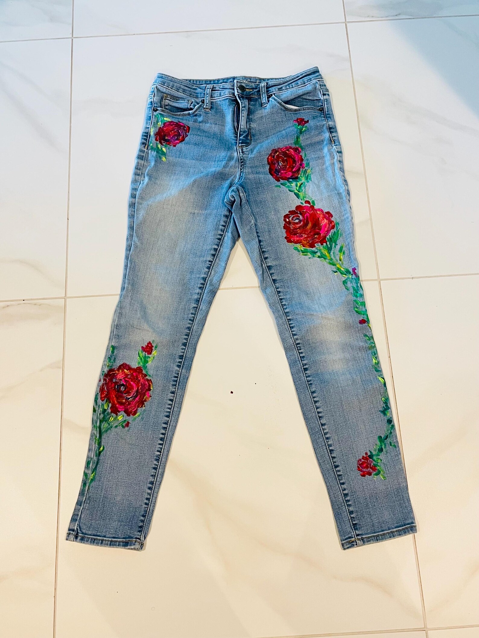 Upcycled Hand-painted Rose Jeans – Red Roses Denim Jeans – One-of-a ...