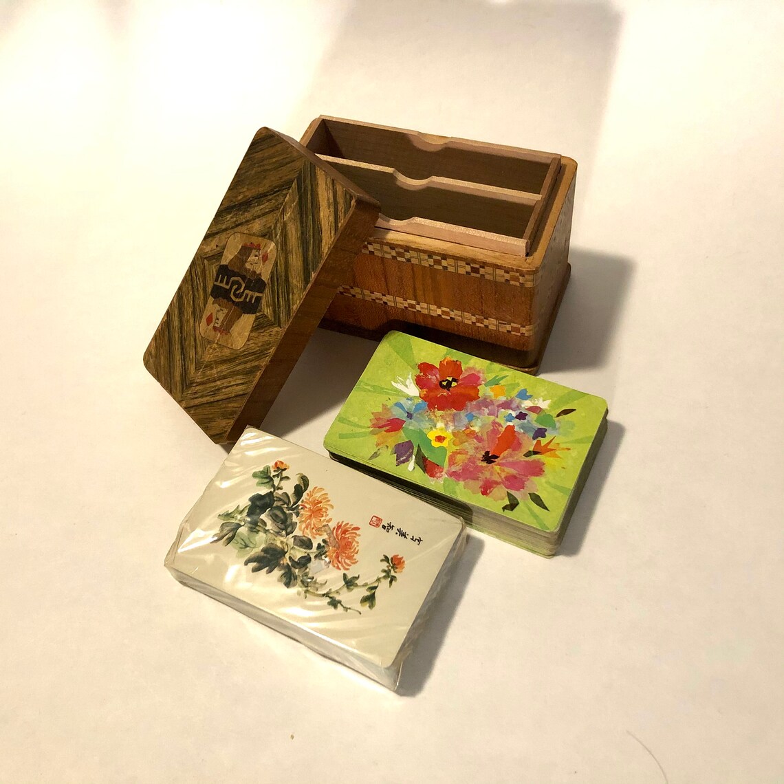 Vintage Playing Card Box With 2 Decks Faux Wooden Mosaic Inlay | Etsy