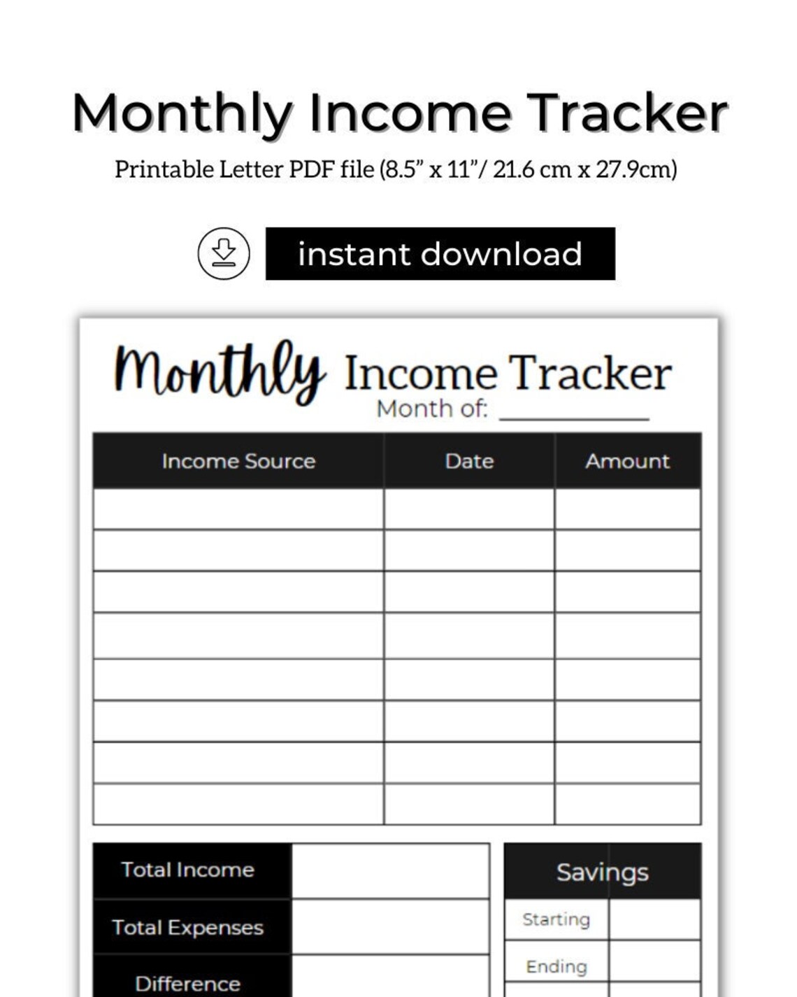 Monthly Income Tracker Printable PDF L Letter Size - Etsy