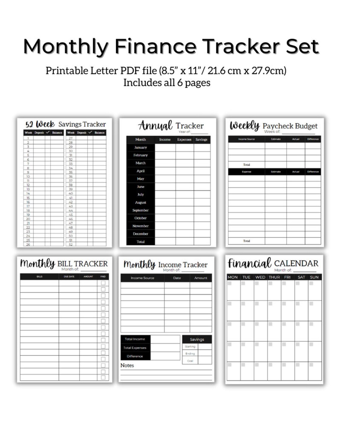 Monthly Finance Tracker Printable PDF | 52 Week Savings Tracker ...