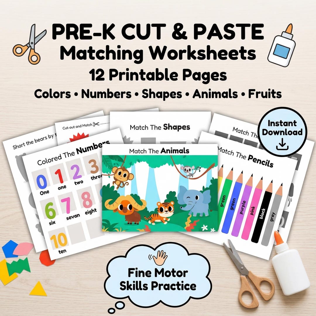 Pre-k Cut and Paste Matching Worksheets | Colors, Numbers, Shapes (PDF ...