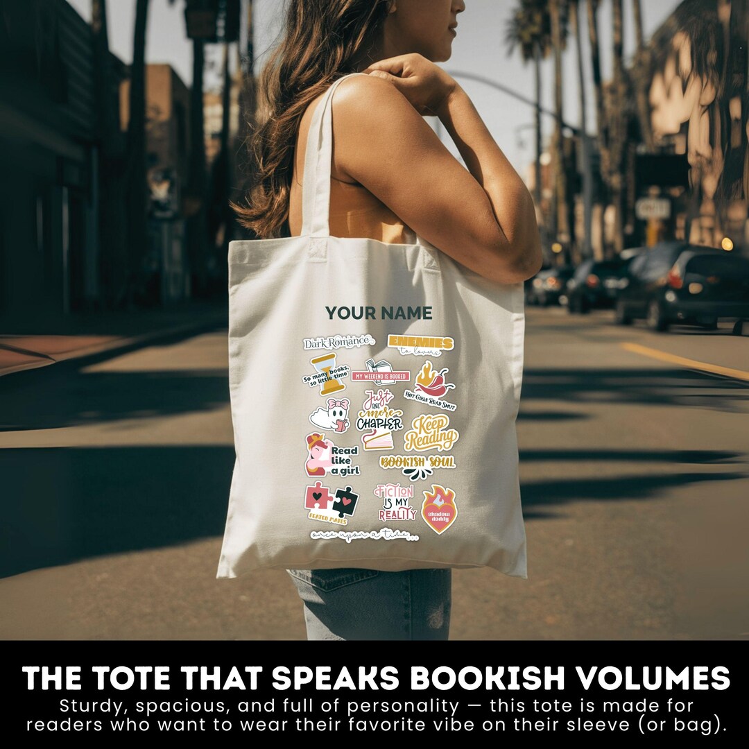 Bookish Tote Bag With Stickers Design– Personalized Canvas Bag for Book ...
