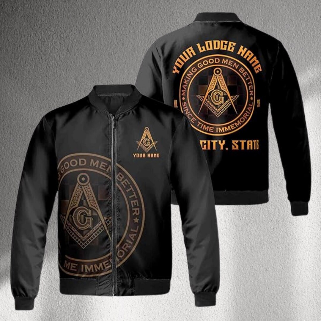 Personalized Masonic Bomber Jacket • Black Gold Square & Compasses Seal ...