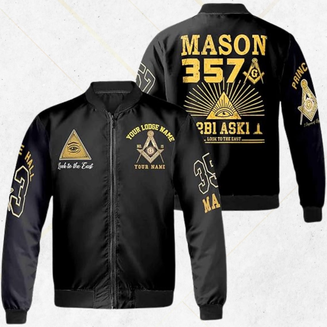 Custom Masonic Bomber Jacket – Black Gold 357 2B1ASK1, All Seeing Eye ...
