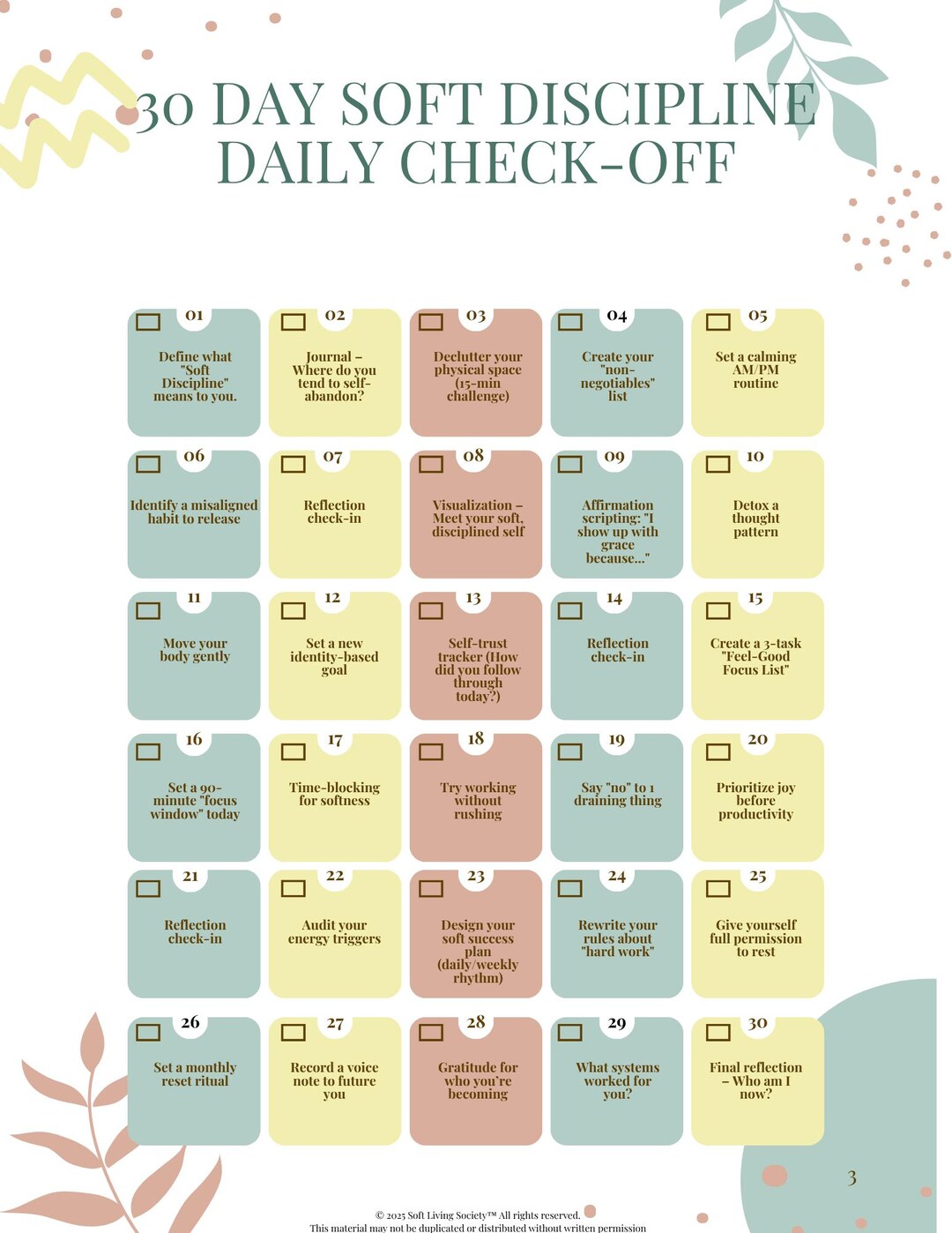 30 Day Soft Life Habit Tracker – Printable Check-off Calendar for ...