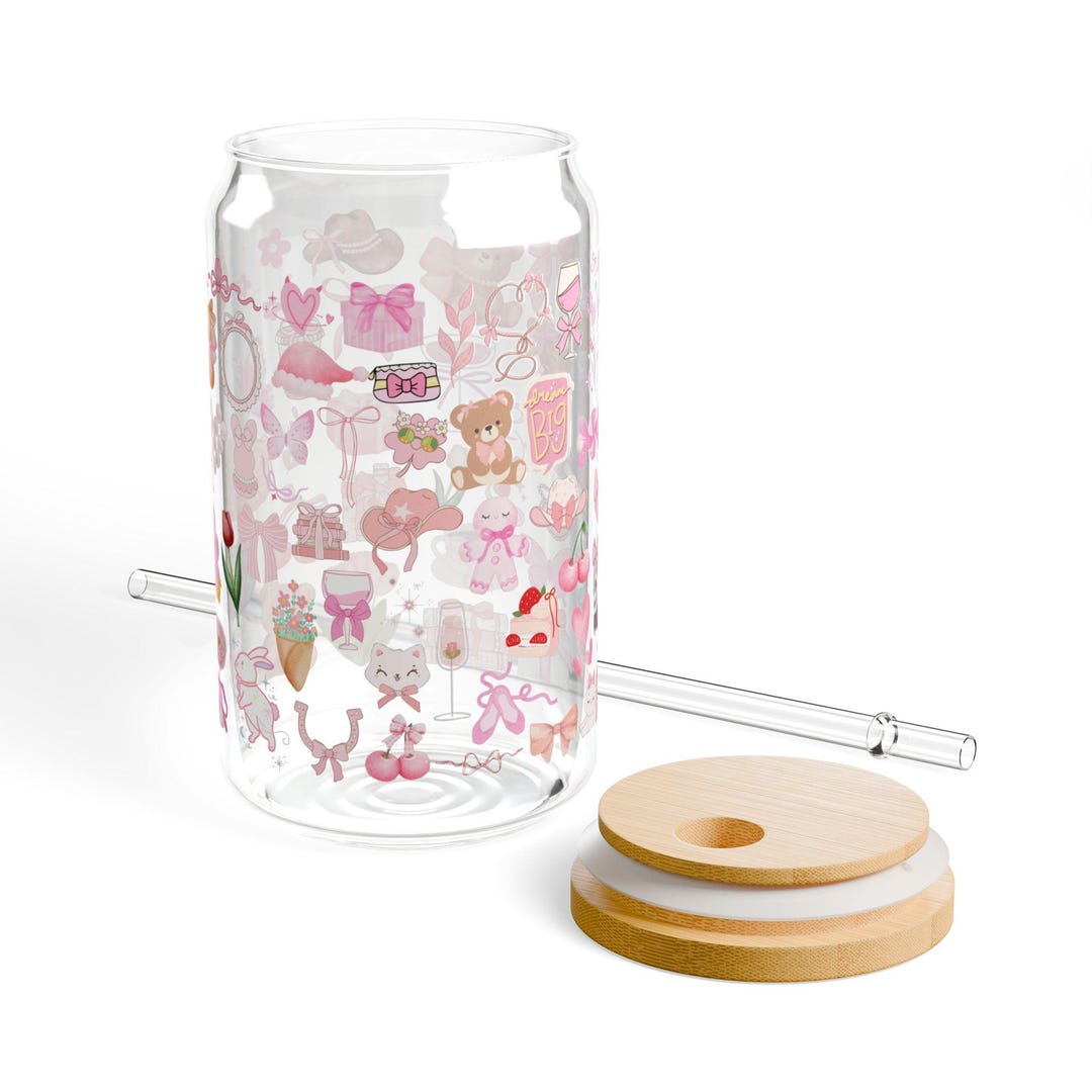 Cute Pink Sipper Glass With Straw, Kawaii Drinkware for Kids, Reusable ...