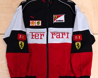 Ferrari Racing Leather Jacket Vintage Style F1 Logo White Racing ...