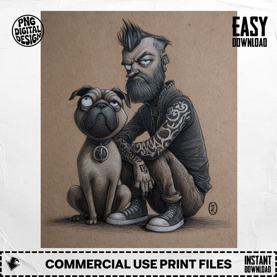 Punk Rocker and Pug Digital Art, Edgy Dog Art, Tattooed Man Portrait ...