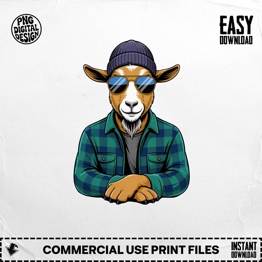 Cool Goat PNG Digital File, Goat With Beanie, Goat in Flannel, Stylish ...