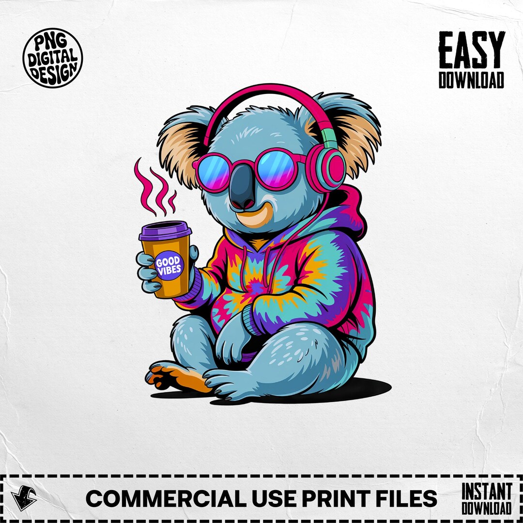 Cool Koala Digital, PNG File, Headphones Art, Good Vibes Coffee, Animal ...