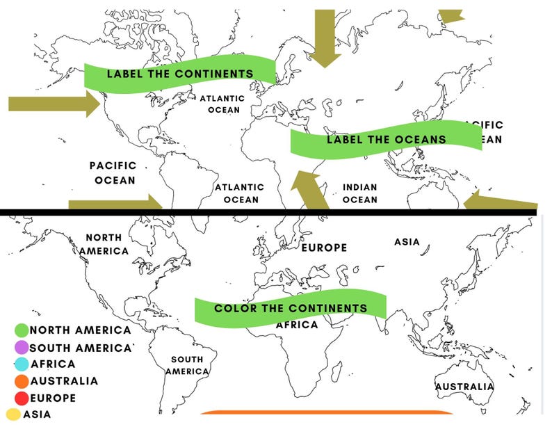 World Map Worksheet for Kids, Continents and Oceans Labeling Activity ...
