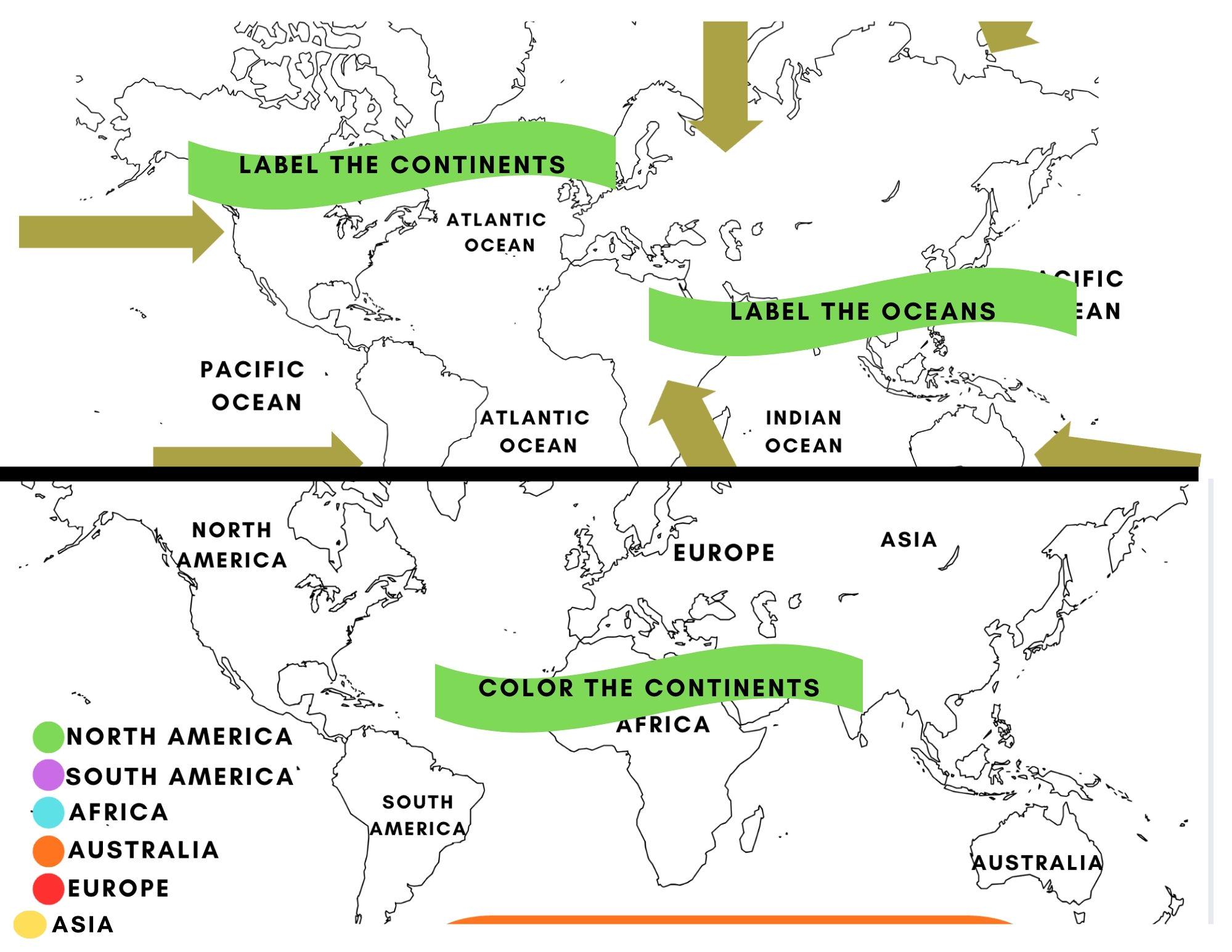 World Map Worksheet for Kids, Continents and Oceans Labeling Activity ...