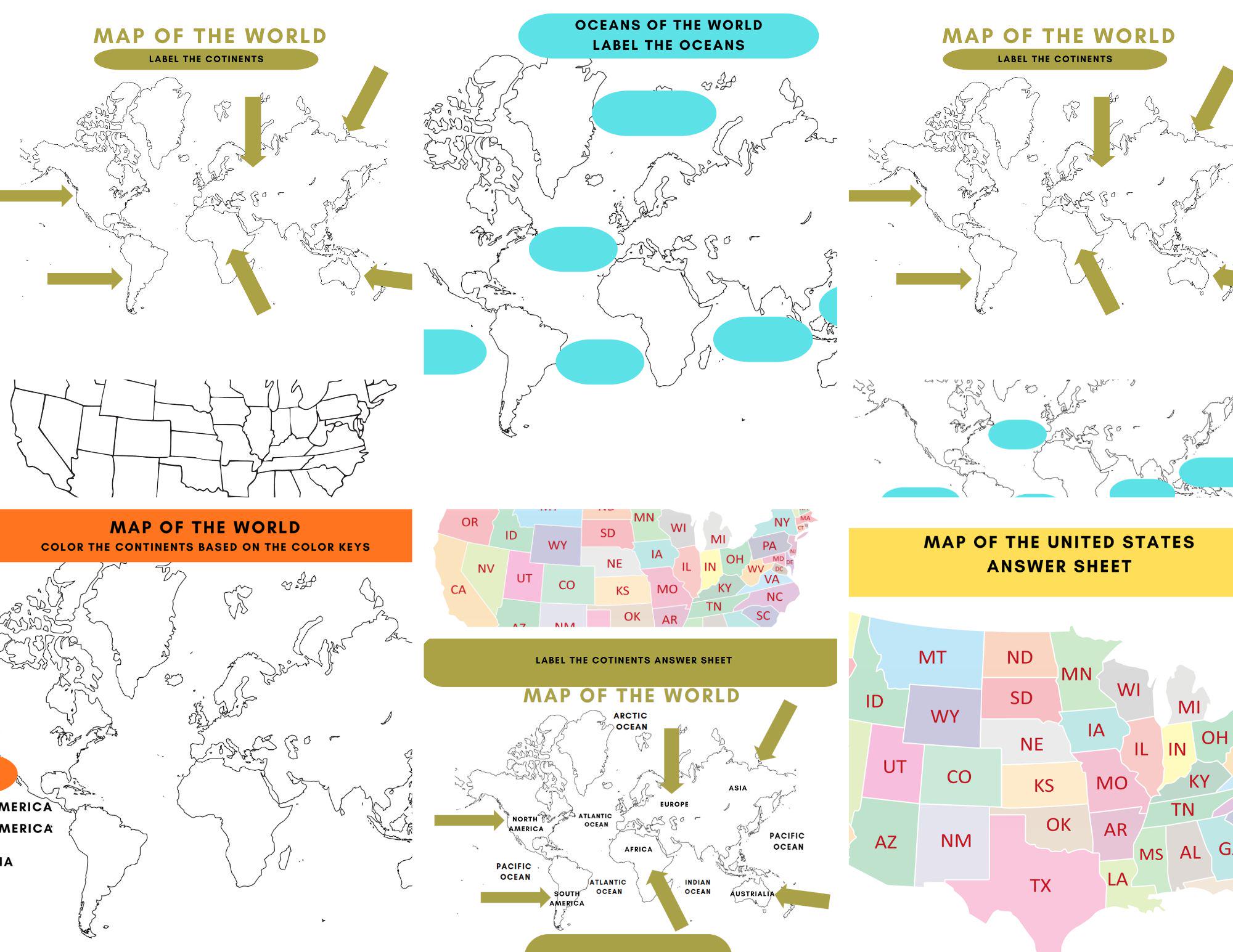 World Map Worksheet for Kids, Continents and Oceans Labeling Activity ...