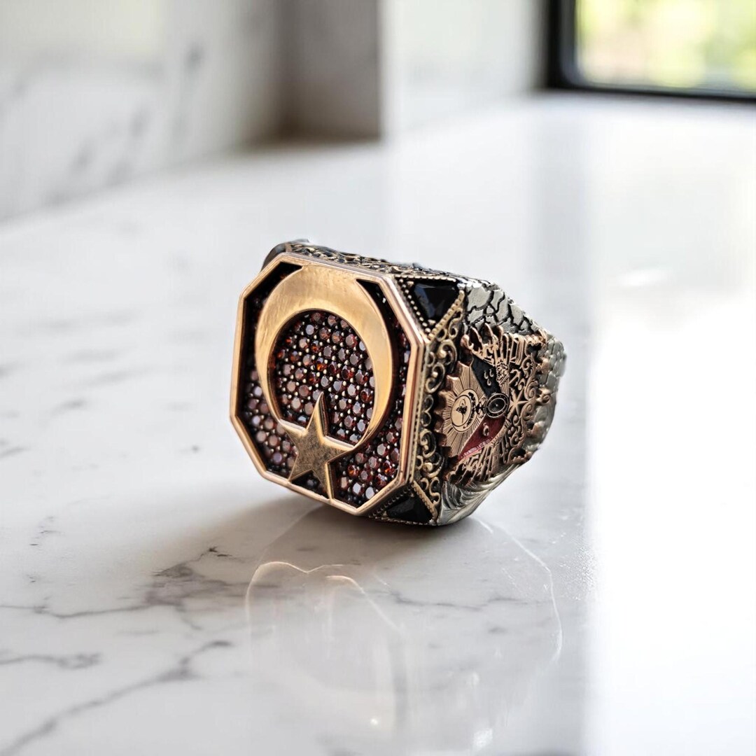 Ottoman Tughra Ring, Seljuk Eagle Jewelry, Turkish Flag Ring, Crescent ...
