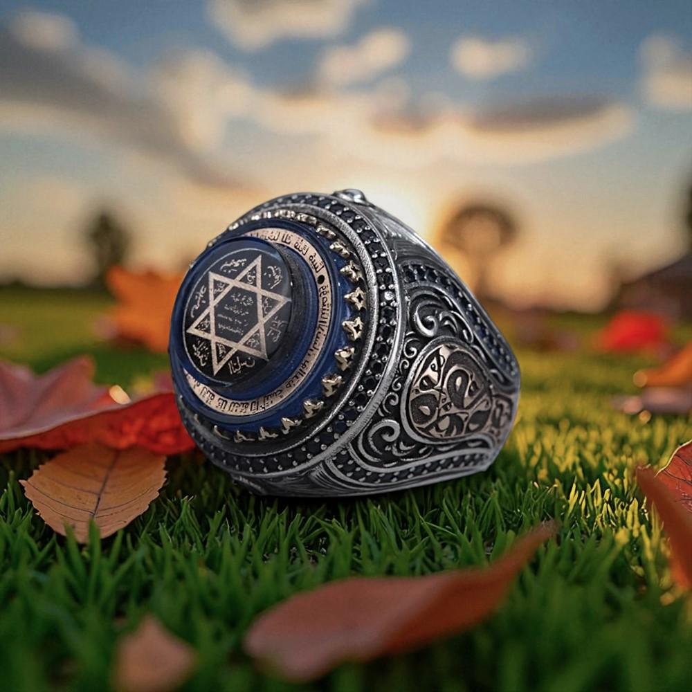 Seal of Solomon Silver Ring, Blue Amber Handcarved Ring, Handmade Star ...