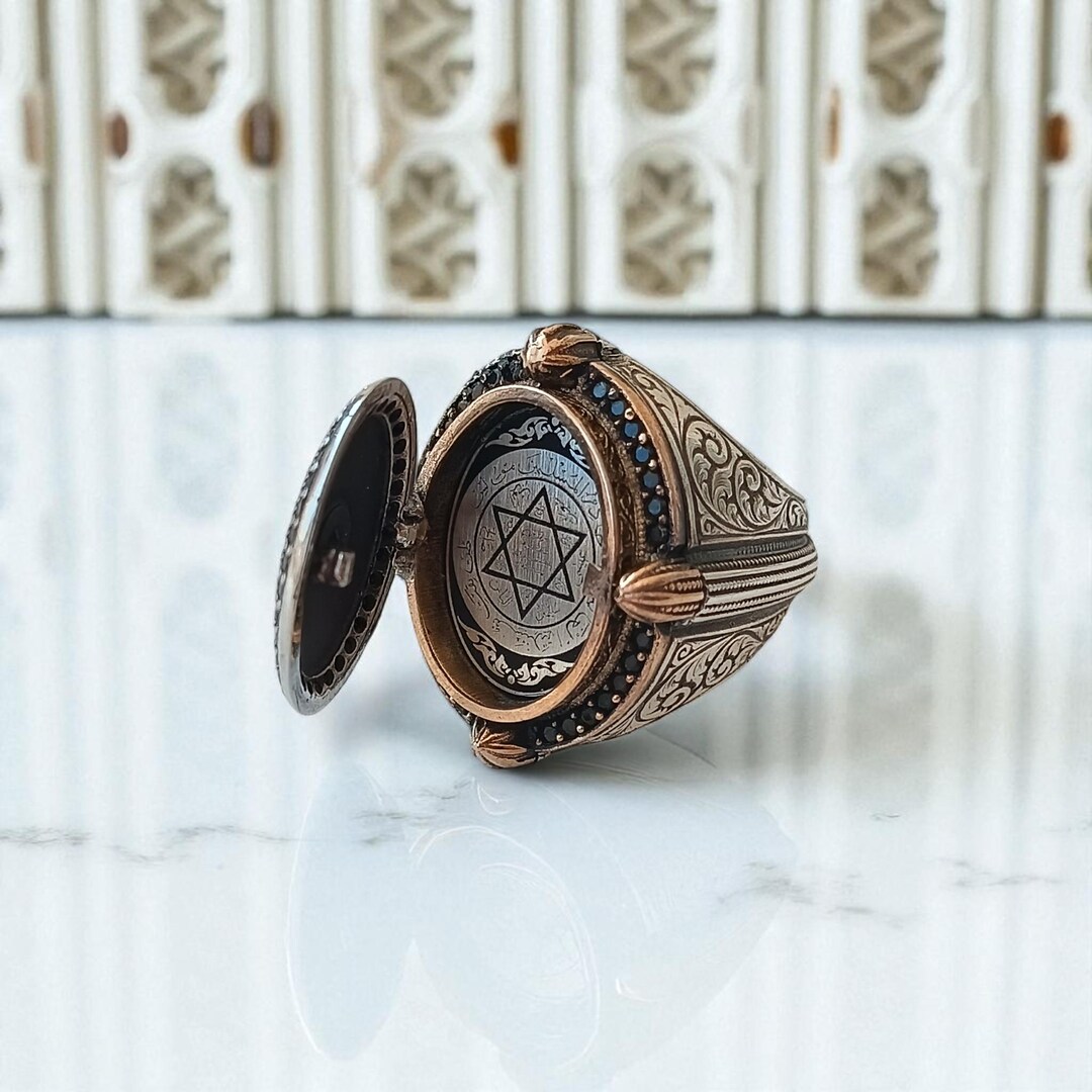 Sterling Silver Poison Ring, Seal of Solomon Pill Box Ring, Onyx ...