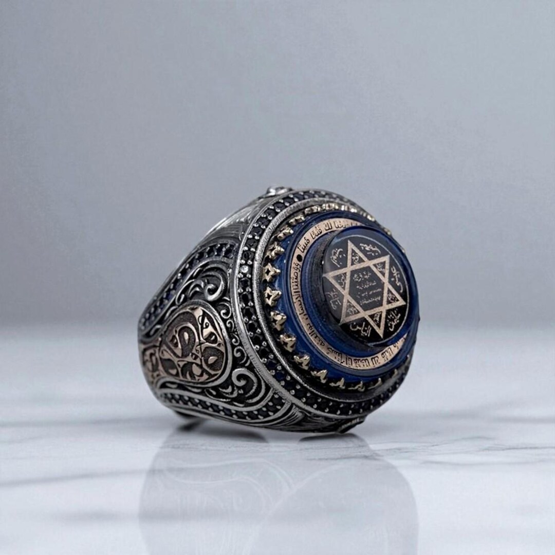 Seal of Solomon Silver Ring, Blue Amber Handcarved Ring, Handmade Star ...