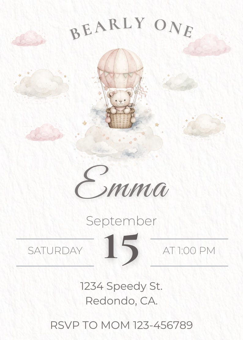 Boho Bear Birthday Invite Girl, Watercolor Balloon Cloud Canva Instant ...
