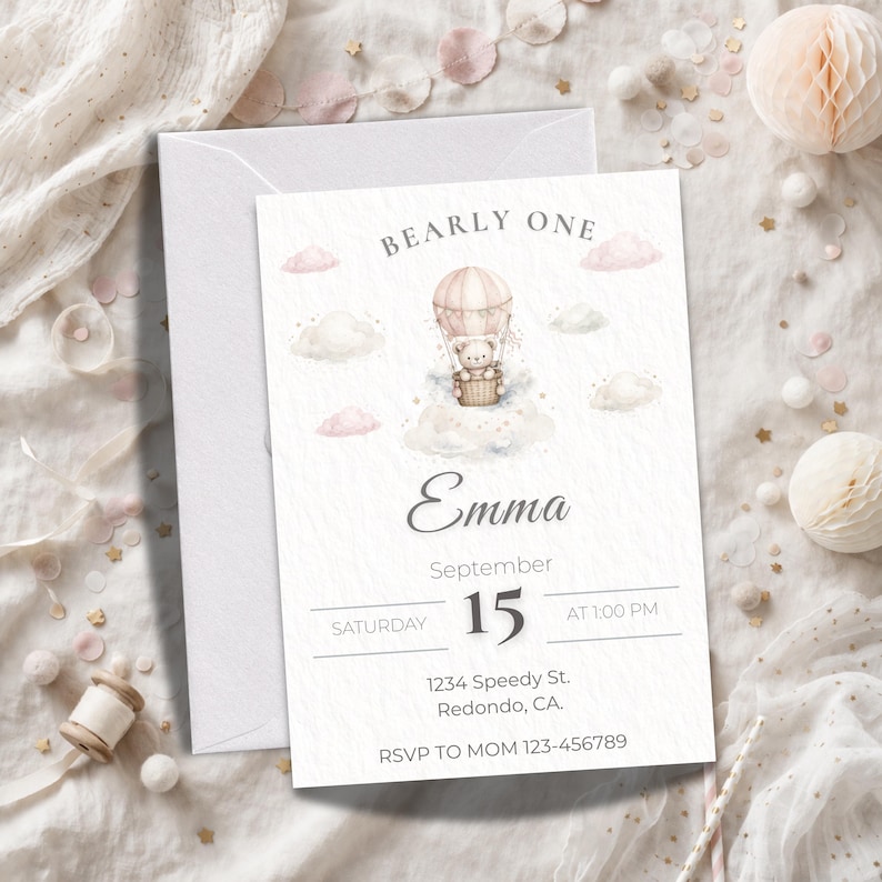 Boho Bear Birthday Invite Girl, Watercolor Balloon Cloud Canva Instant ...