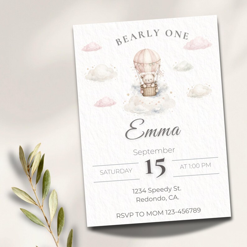 Boho Bear Birthday Invite Girl, Watercolor Balloon Cloud Canva Instant ...