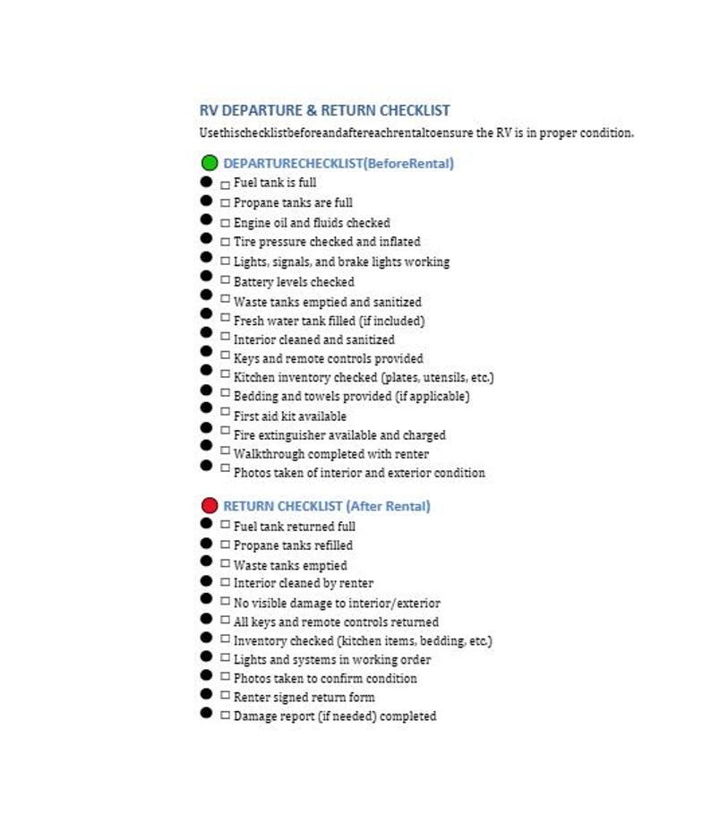 RV Departure & Return Checklist – Printable PDF for RV Rentals - Etsy