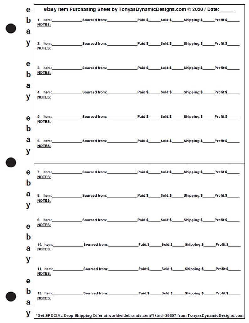 Ebay Item Purchase Sheet Products Listing Sheet 3 Versions Ebay Seller ...