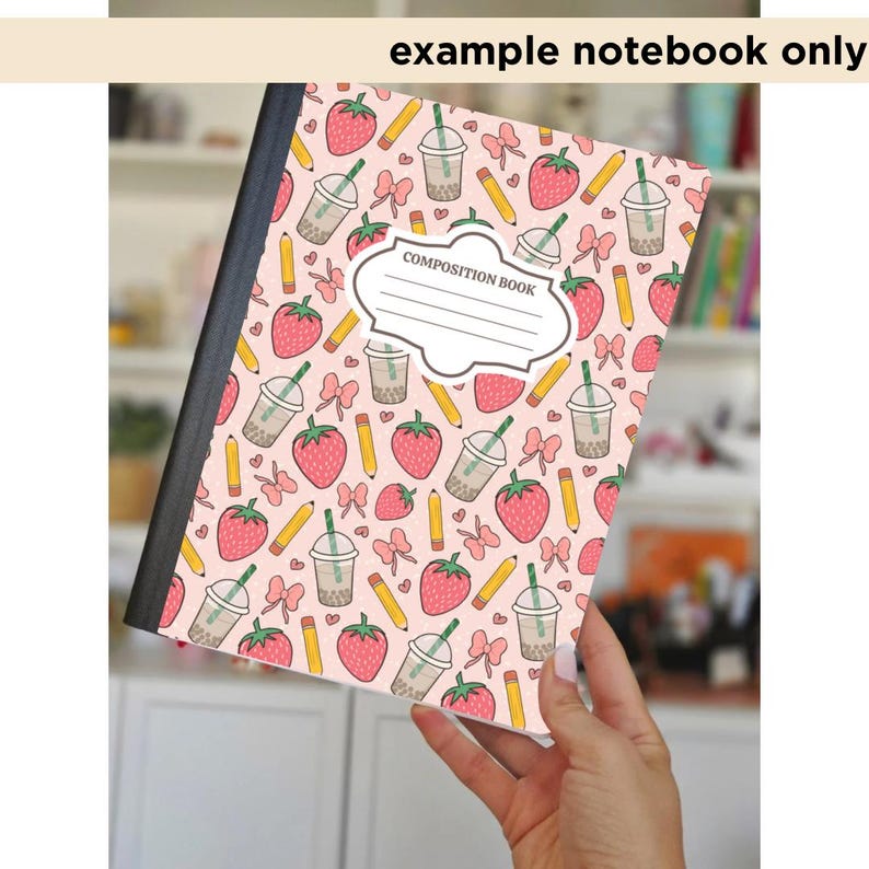 Pink Strawberry Boba Hand Drawn Composition Book Cover (instant ...