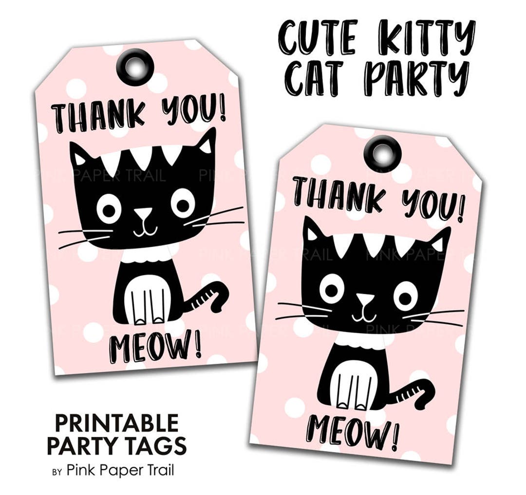 Cute Kitty Cat Pink Black and White Kitty Party Thank You Tag Favor ...