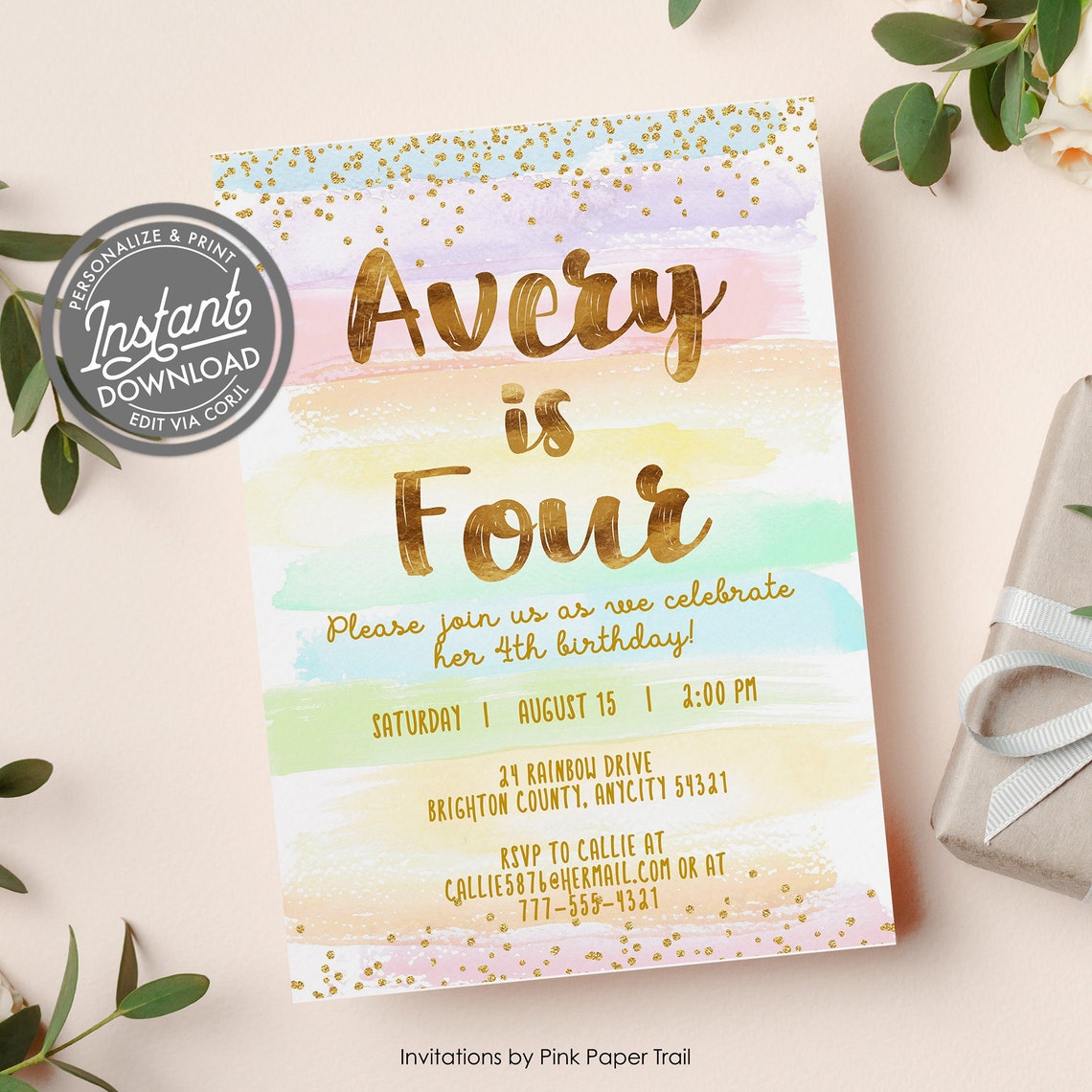 EDITABLE Pastel Rainbow With Gold Glitter Sprinkle Confetti - Etsy