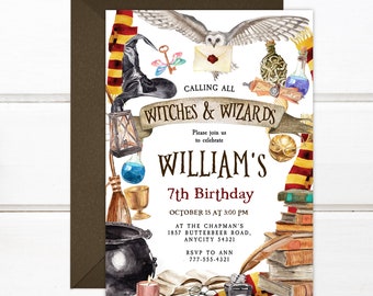 School of Magic and Wizards Editable Birthday Invitation, Witches and ...