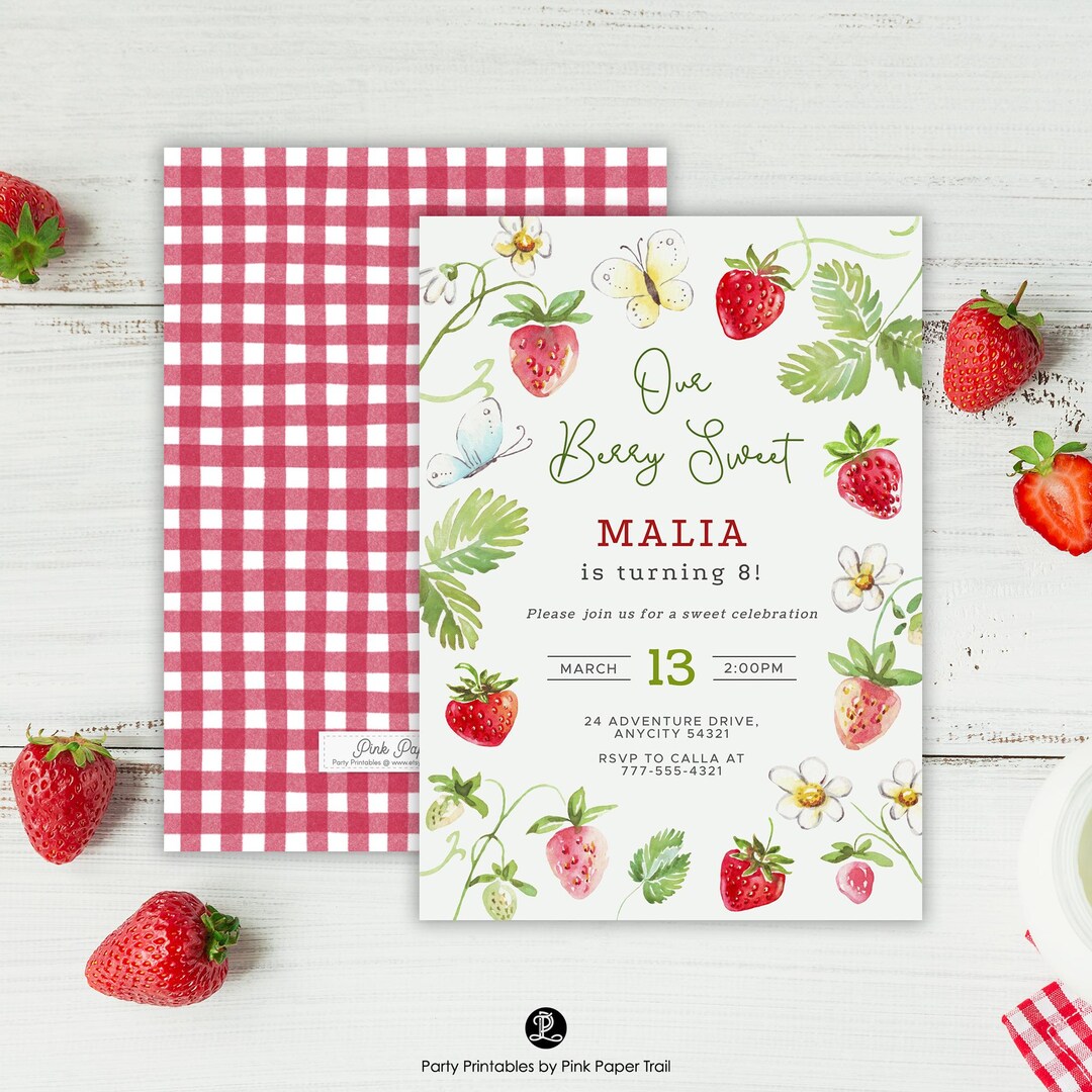 Editable Berry Sweet Strawberry Party Invite, Modern Strawberry ...