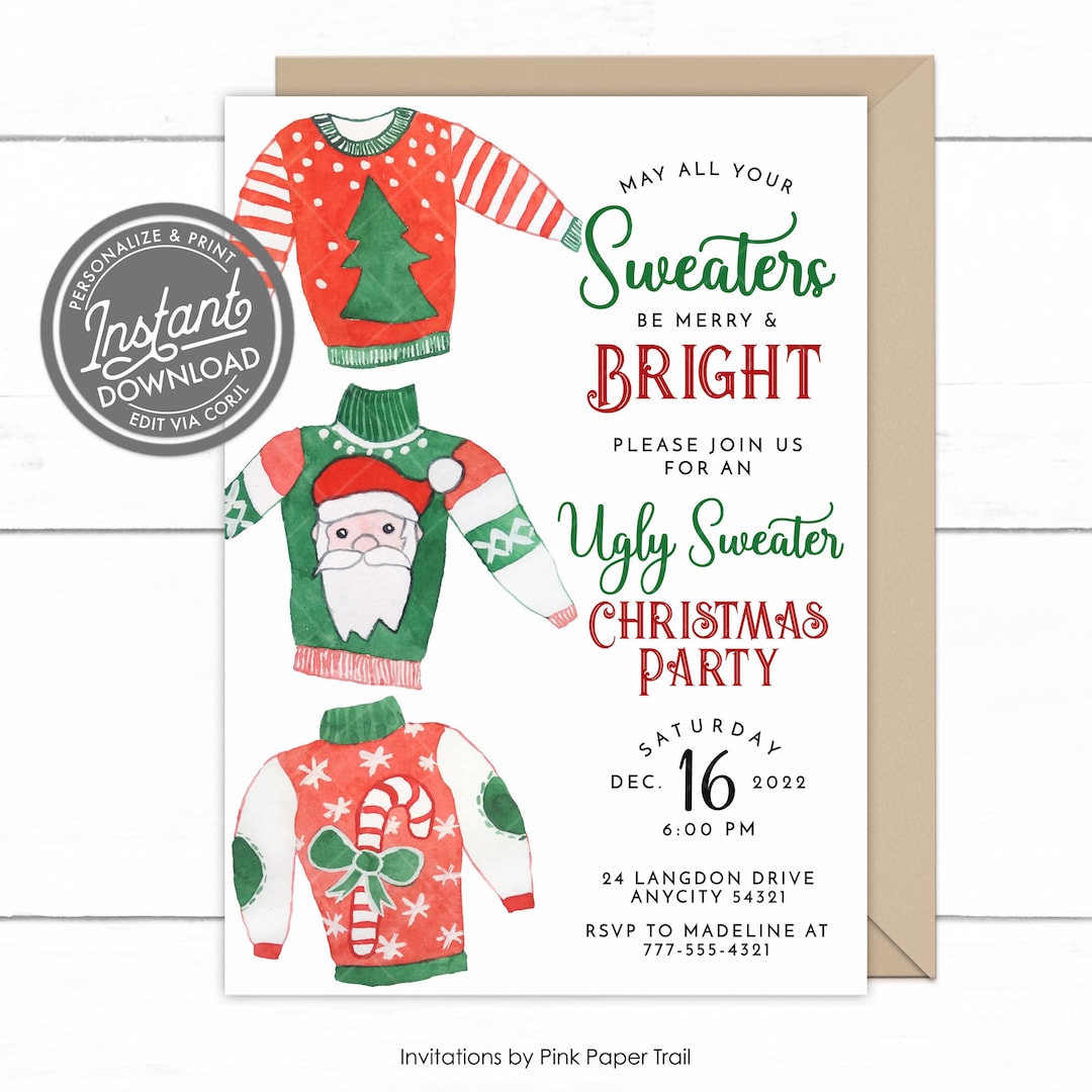 EDITABLE Ugly Sweater Party Invitation Template, Printable Holiday Christmas Sweater Party ...